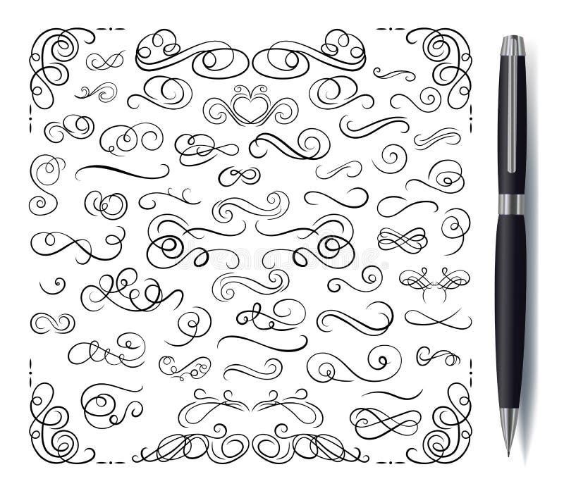 Vector Calligraphic Decorative Elements Set with Realistic Pen Isolated ...