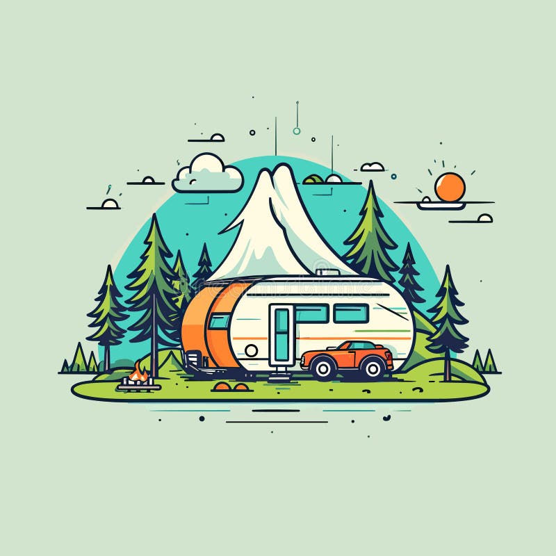 Vector of a Campervan Parked in a Scenic Forest with a Majestic ...