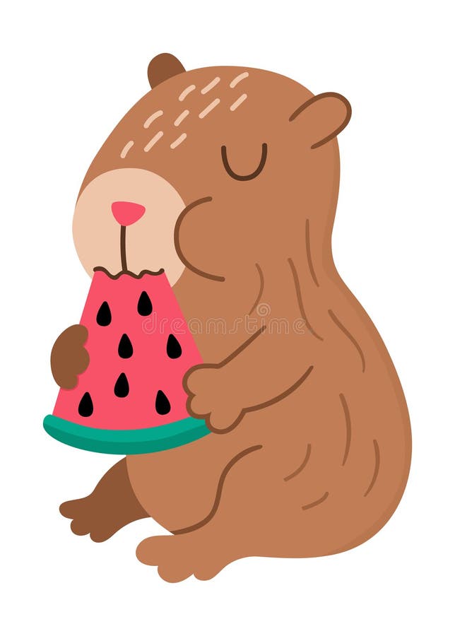 Vector Capybara Icon. Cute Capibara Sitting and Eating Watermelon with ...