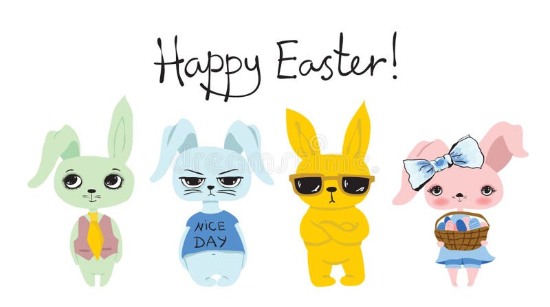Happy Easter Greeting Card with Cute Rabbit. Vector Illustration Stock ...