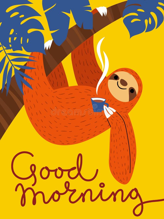 Vector Card with Sloth and Coffee Cup Stock Vector - Illustration of ...