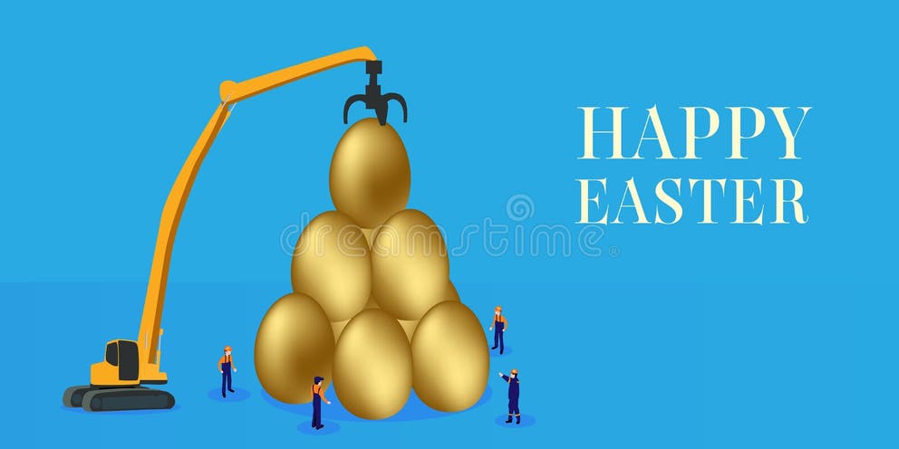 Vector Card for Easter. a Huge Crane and Workers Set Up a Pyramid of ...