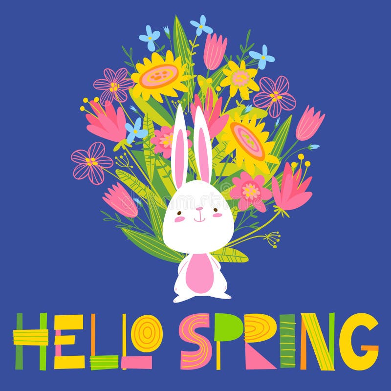 Vector Card with Flowers, Rabbit and Hello Spring Lettering Stock ...