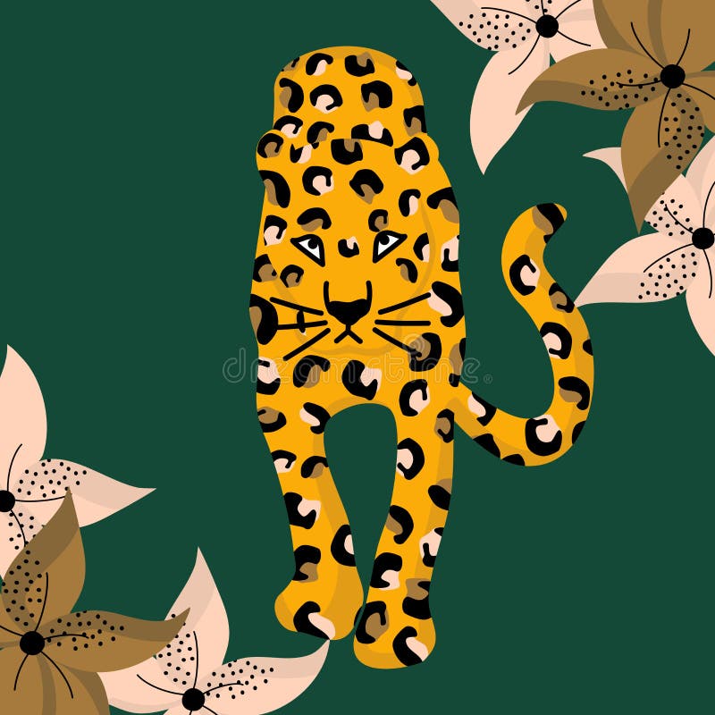 Cute Vector Card Illustration with Leopard and Flowers Stock Vector ...