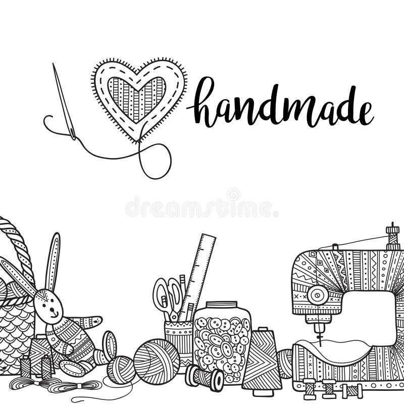 Vector Card Needlework Theme with Lettering and Sewing Tools Stock ...