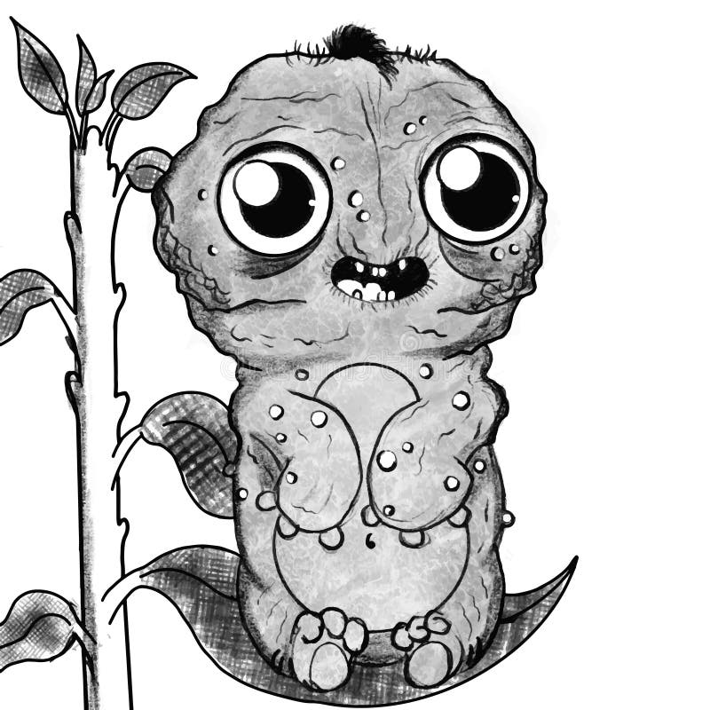 Vector Cartoon Black and White Monster Sitting on a Leaf Halloween ...