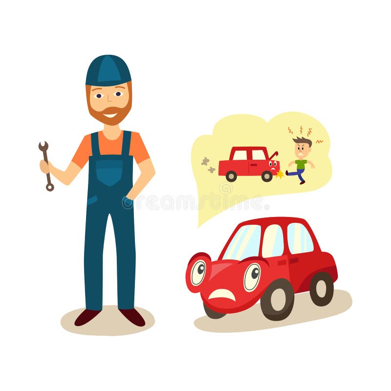 Vector Cartoon Car Character and Mechanic Stock Vector - Illustration ...