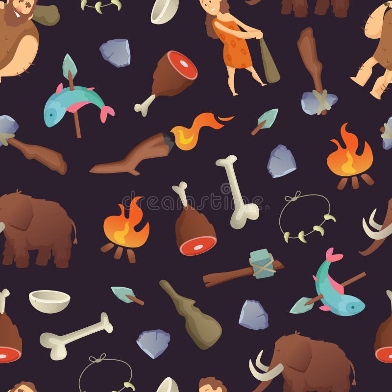 Caveman Pattern. Vector Seamless Background with Prehistoric Period ...