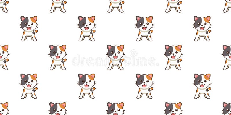 Vector Cartoon Character Calico Cat Seamless Pattern Background Stock ...