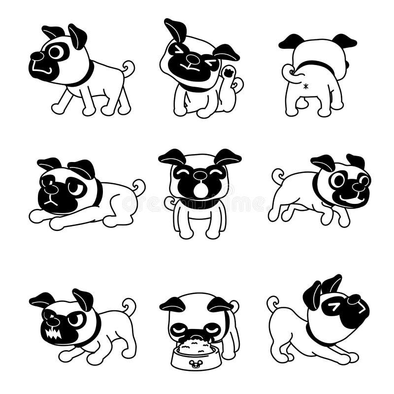 Vector Cartoon Character Cute Pug Dog Poses Stock Vector - Illustration ...