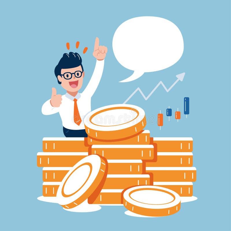 Vector Cartoon Character Happy Businessman with Money Coin Stack and ...