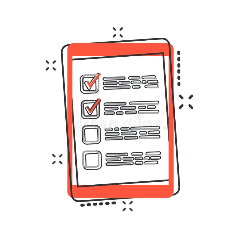 Vector Cartoon Checklist with Tablet Icon in Comic Style. Checklist ...