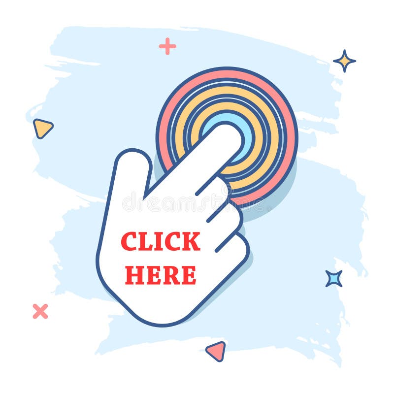 Vector Cartoon Click Here Icon in Comic Style. Hand Cursor Sign ...