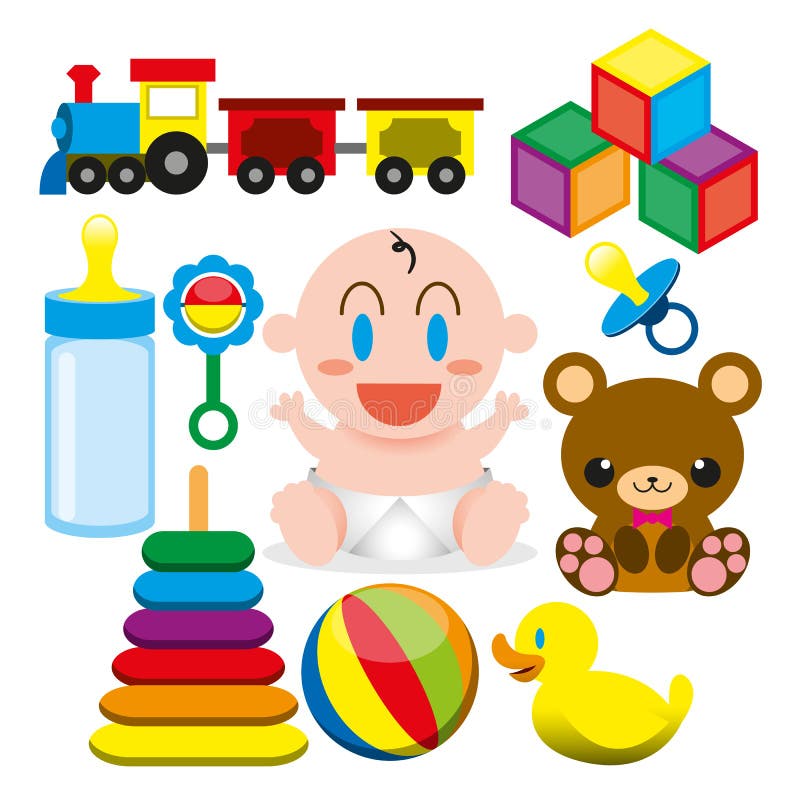 A Vector Cartoon Cute Baby and Different Toys and Objects Stock ...