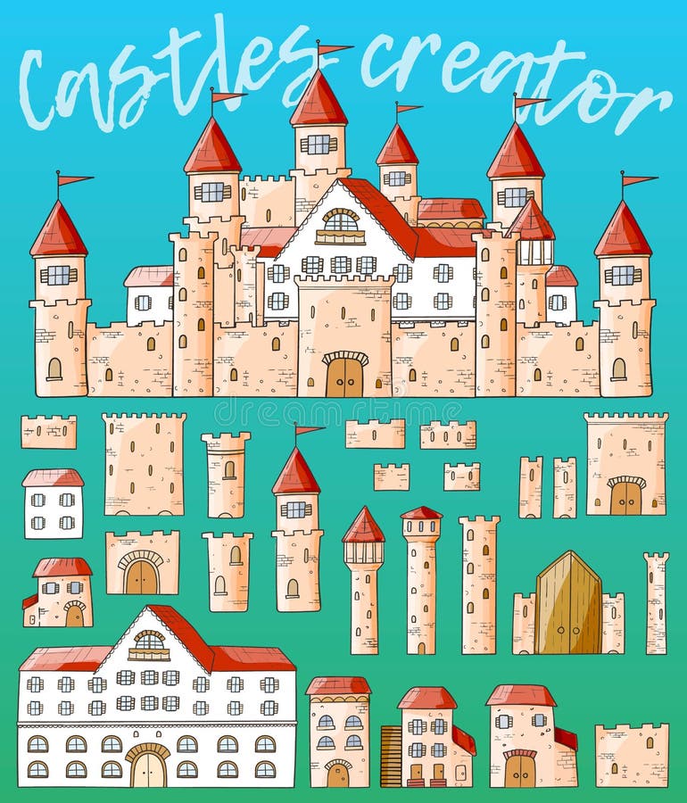 Vector Cartoon Cute Creator Castles. Set of Architecture. Stock Vector ...