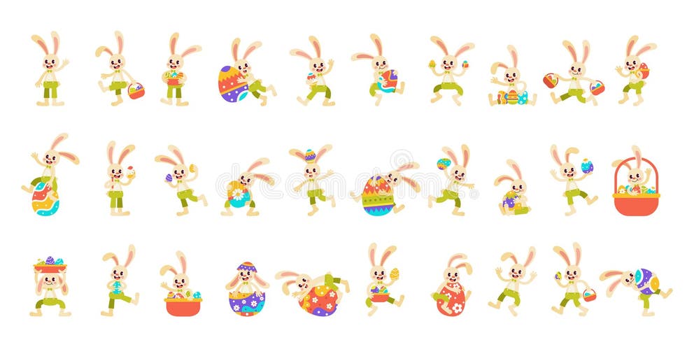 Vector Cartoon Cute Easter Bunny Characters Set Isolated Stock Vector ...