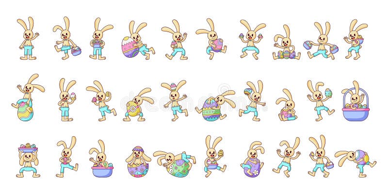 Vector Cartoon Cute Easter Bunny Characters Set Isolated Stock Vector - Illustration of ...