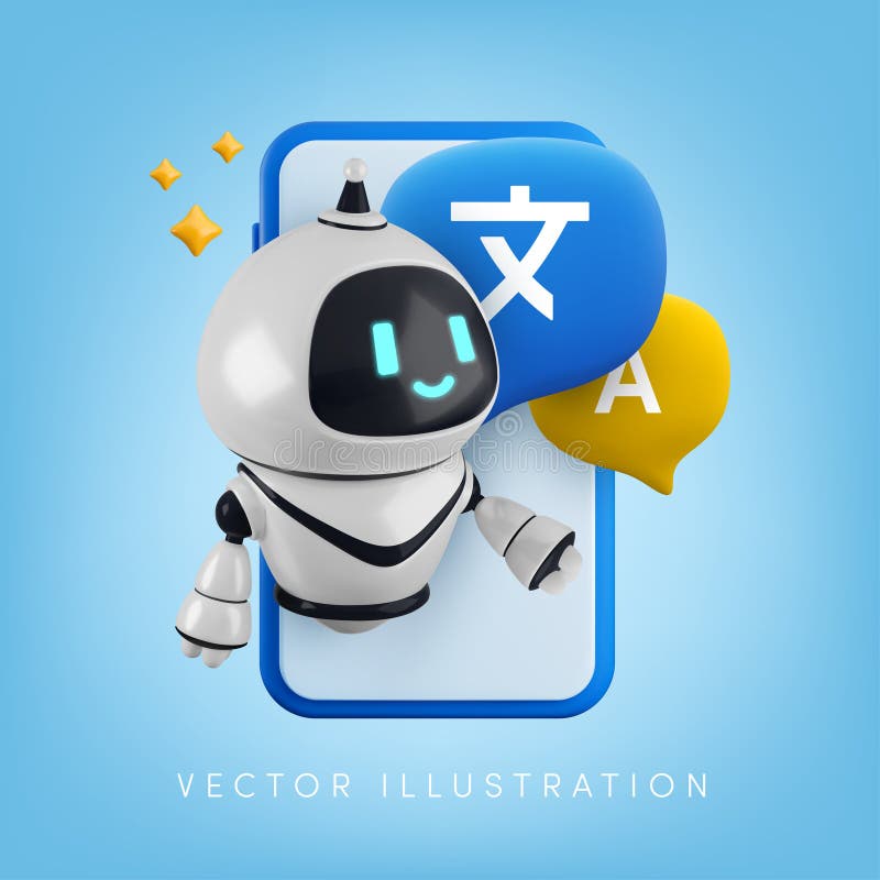 Vector Cartoon 3d AI Language Translation Chat Bot. Realistic 3d Render Robot Character ...