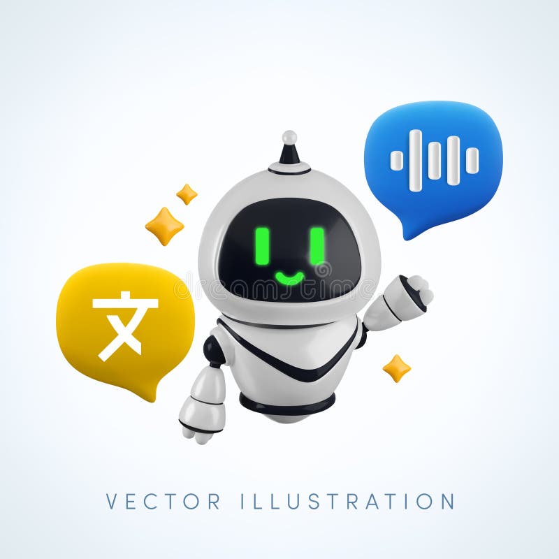 Vector Cartoon 3d Automatic Language Translation Chat Bot. 3d Render Robot Character, Foreign ...
