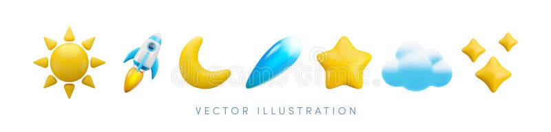 Vector Cartoon 3d Cosmic Icon Set. Realistic Render of Sun, Rocket ...
