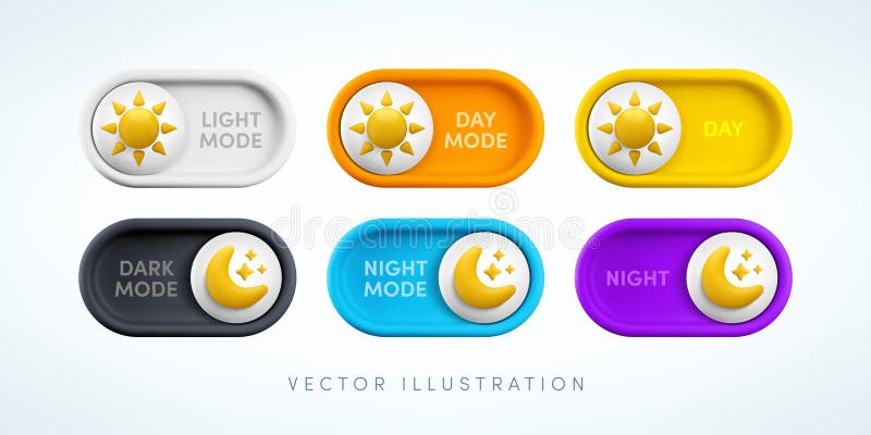 Vector Cartoon 3d Day and Night Mode Switch Button Set. Realistic 3d ...