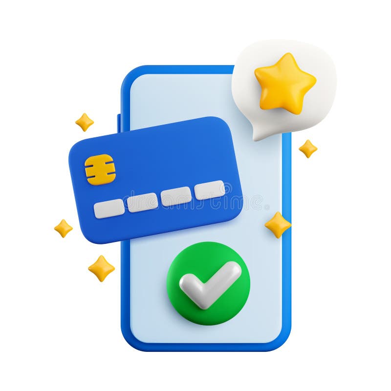 Vector Cartoon 3d Mobile Payment Concept. 3d Render Credit Card, Check ...