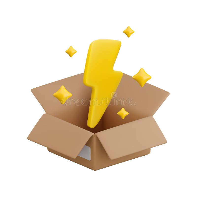 Vector Cartoon 3d Opened Carton Box with Flash Sign. Cute Realistic 3d ...