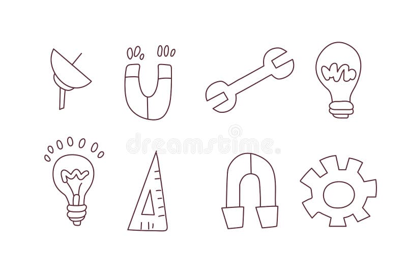 Vector Cartoon Engineering Icon Set. Magnet, Bulb, Satellite and ...