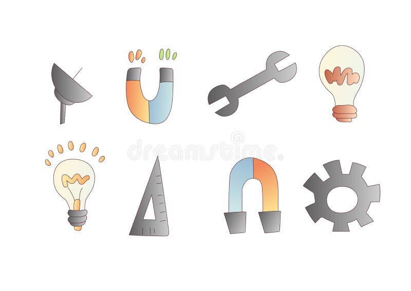 Vector Cartoon Engineering Icon Set. Magnet, Bulb, Satellite and ...