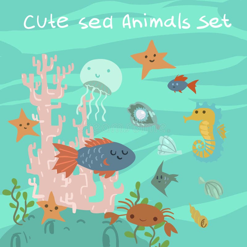 Vector Cartoon Flat Ocean Stuff. Stock Vector - Illustration of ...