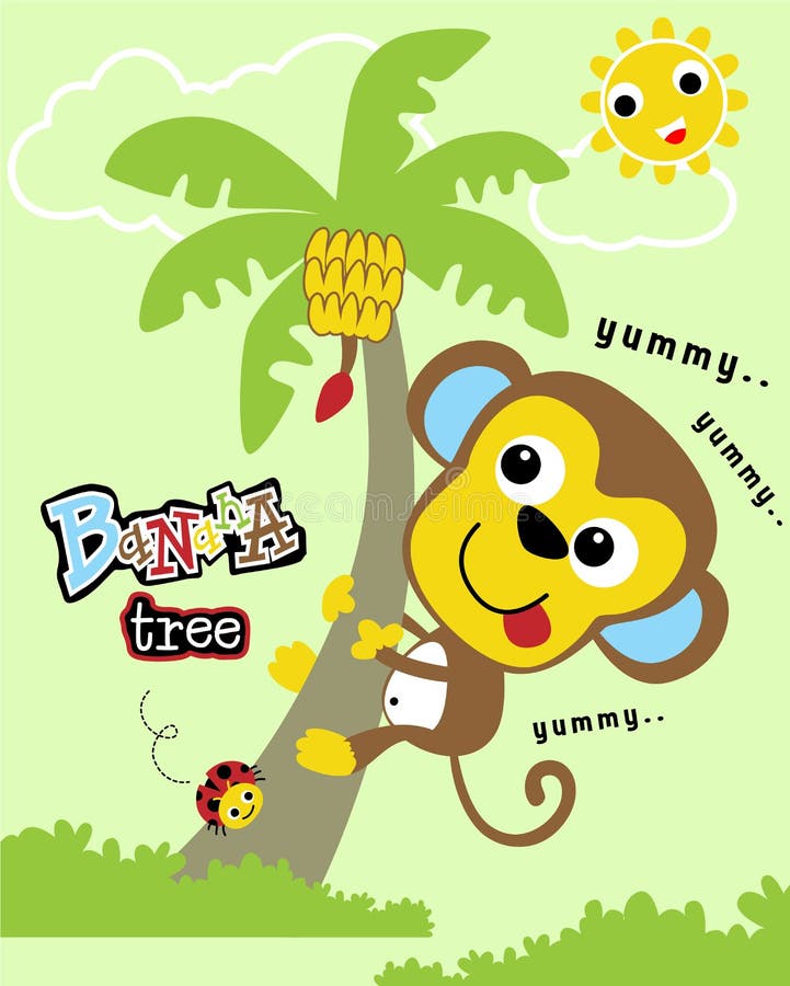 Vector Cartoon of Funny Monkey Climb Banana Tree, Smiling Sun and ...