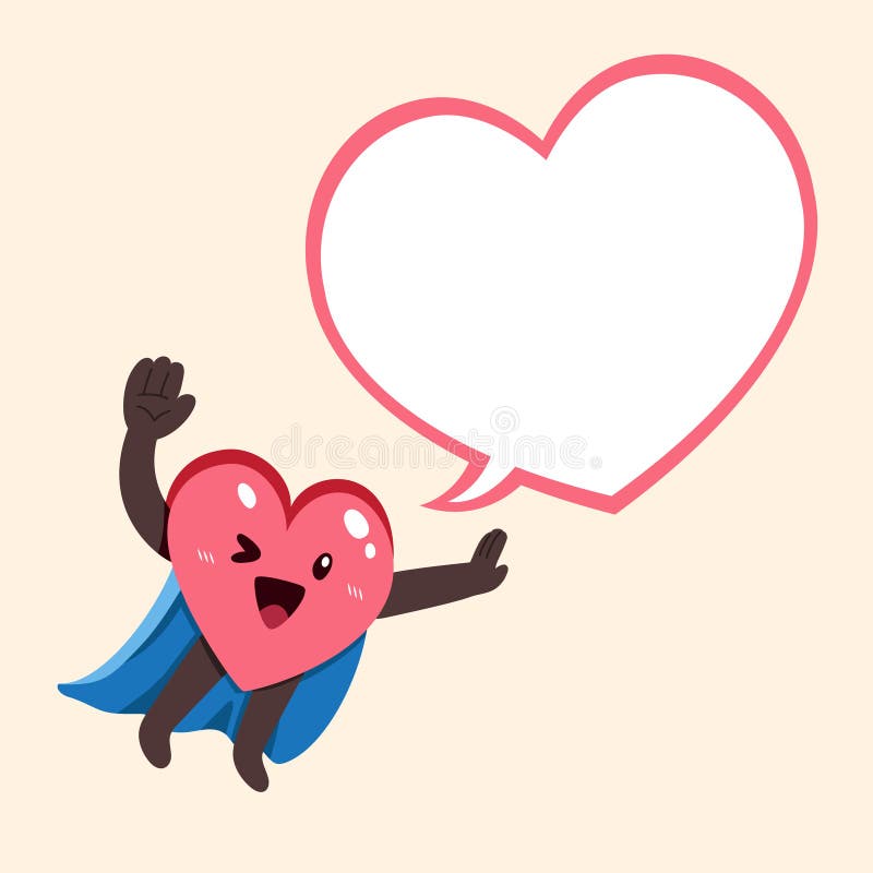 Vector Cartoon Heart Character with Superhero Cape and Speech Bubble ...