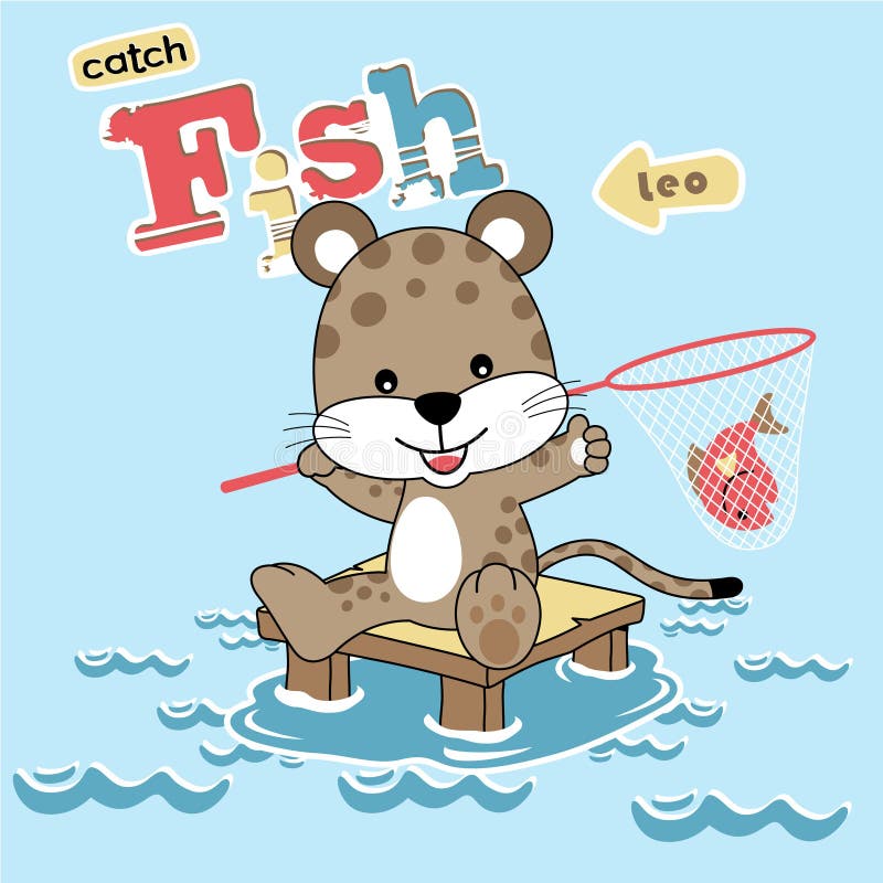 Vector Cartoon Illustration of Cute Animal Catching Fish Stock Vector ...
