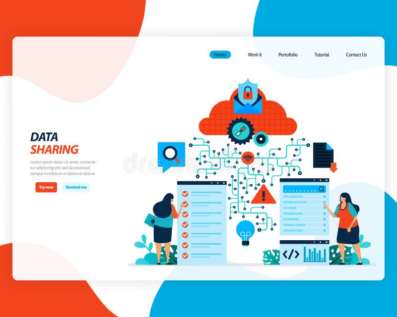 Vector Cartoon Illustration of Data Sharing Technology, Remote Worker ...