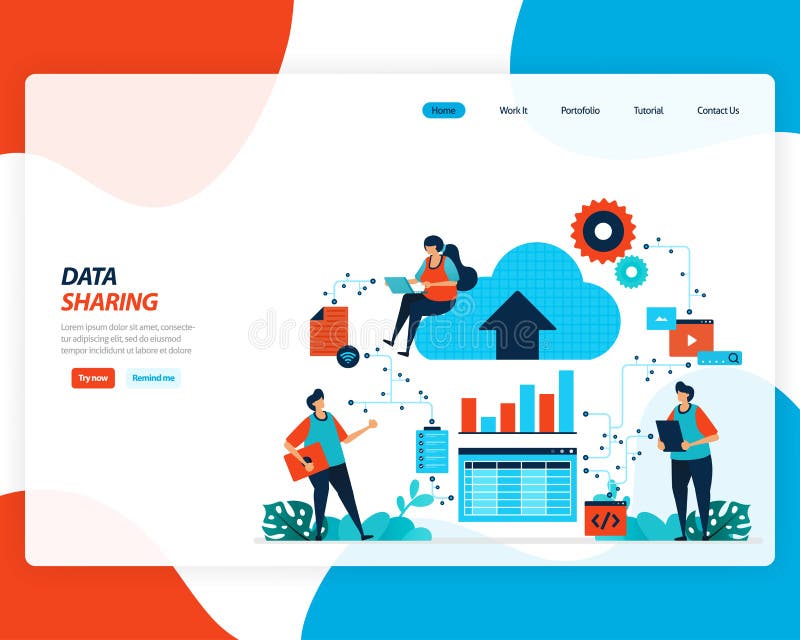 Vector Cartoon Illustration of Data Sharing Technology, Remote Worker ...