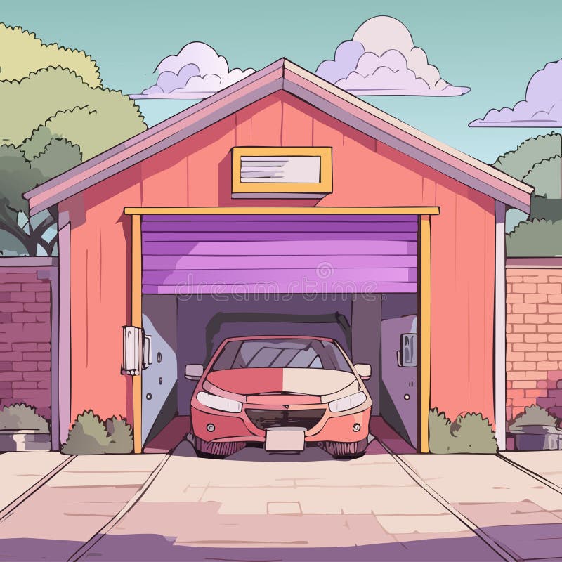 Vector Cartoon Illustration of Garage with Red Car in Front of it Stock ...