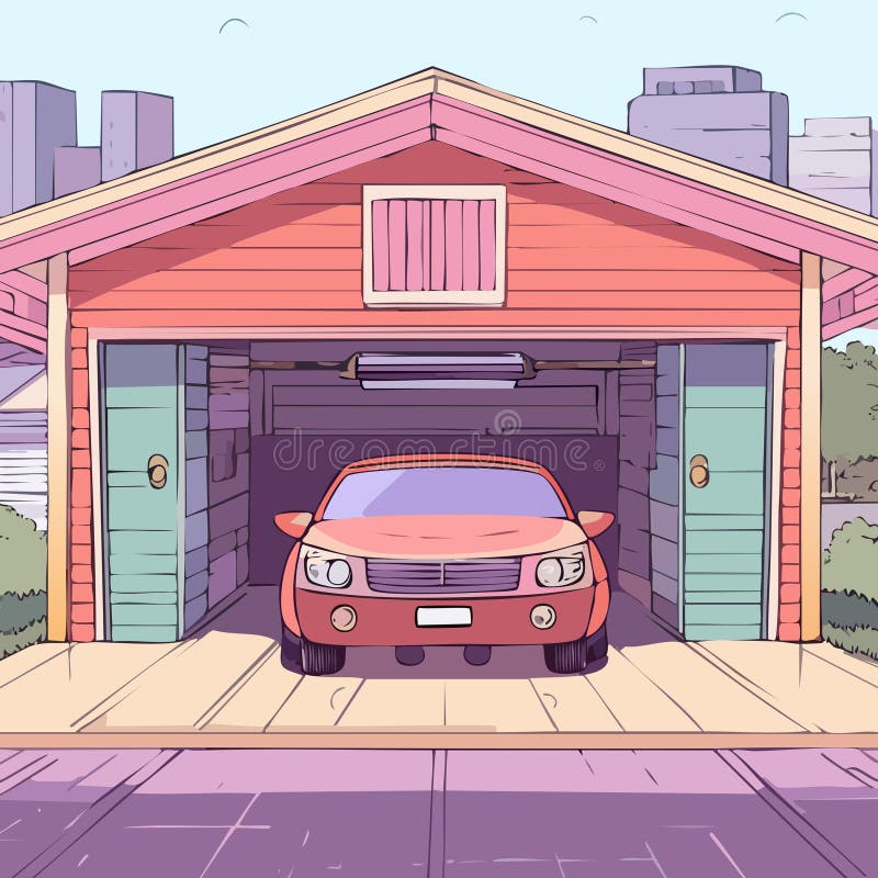 Vector Cartoon Illustration of Garage with Red Car in Front of it Stock ...