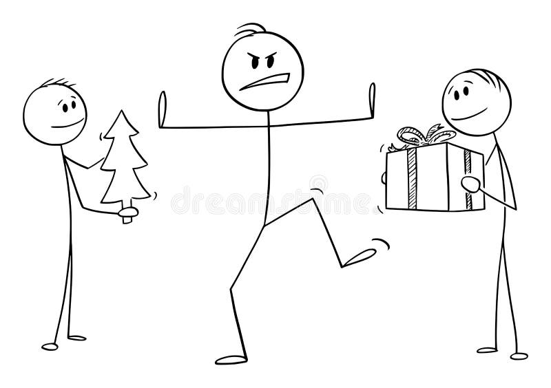 Vector Cartoon Illustration of Man Rejecting Christmas Tree and Gift ...