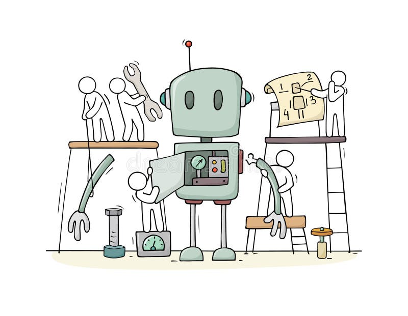 Vector Cartoon Illustration - People and Assembled Cute Robot ...
