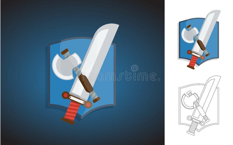 Vector Cartoon Illustration of a Weapon with a Shield. Ax and Sword in ...