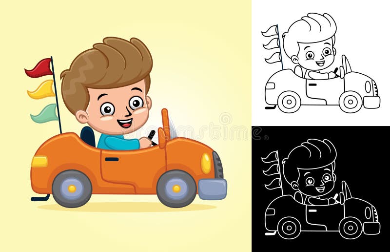 Vector Cartoon of Little Boy on Car Carrying Flags Stock Vector ...