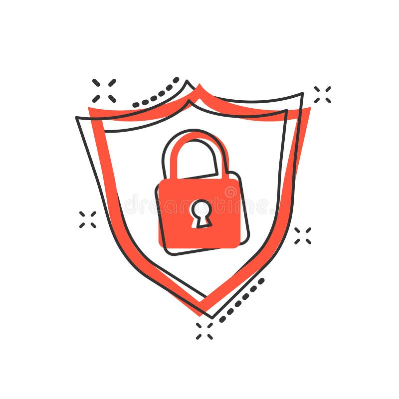 Vector Cartoon Lock with Shield Security Icon in Comic Style. Pa Stock ...