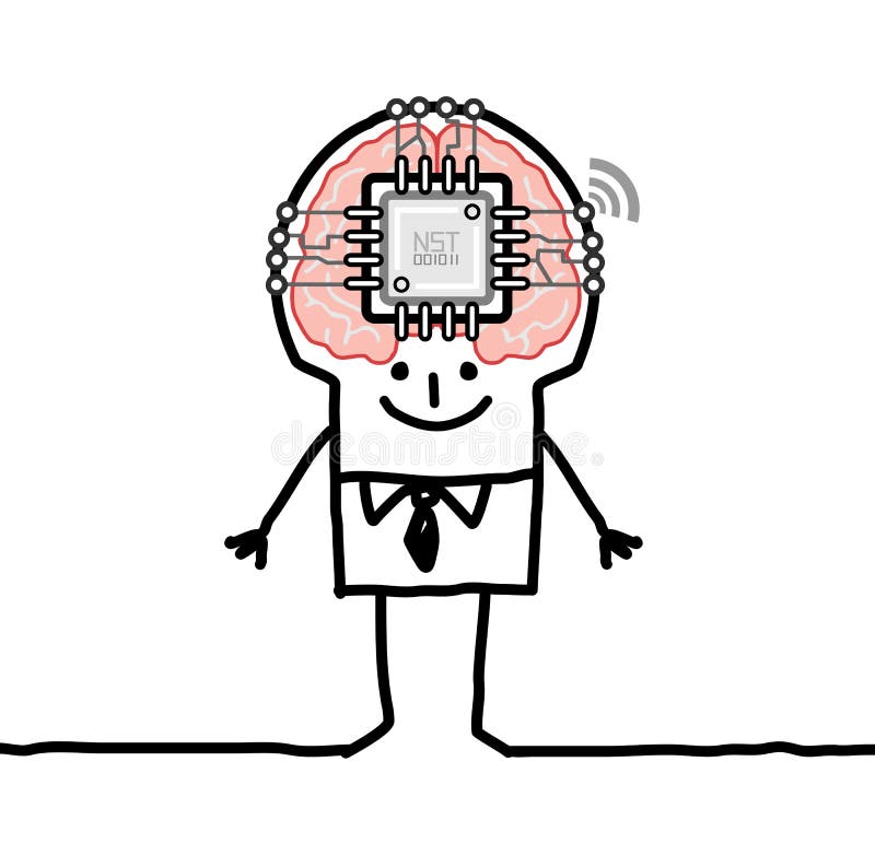 Cartoon Man With Big Brain And Microchip Stock Vector - Illustration of ...