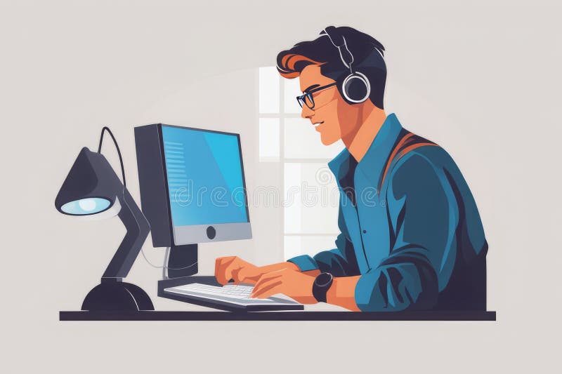 Vector Cartoon Man in Glasses Working on Computer Vector Cartoon Man in ...