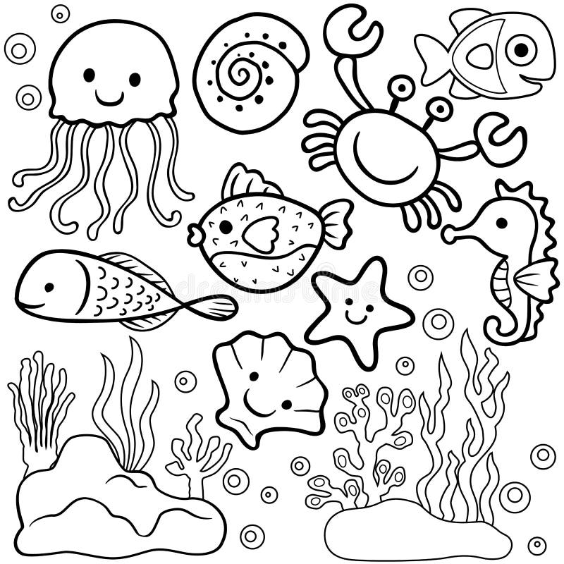 Vector Cartoon of Marine Animals, Coloring Book or Page Stock Vector ...