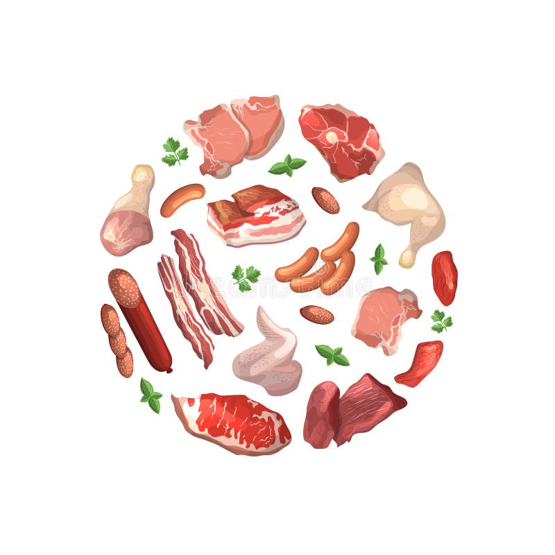 Vector Cartoon Meat Elements Gathered in Circle Illustration Stock ...