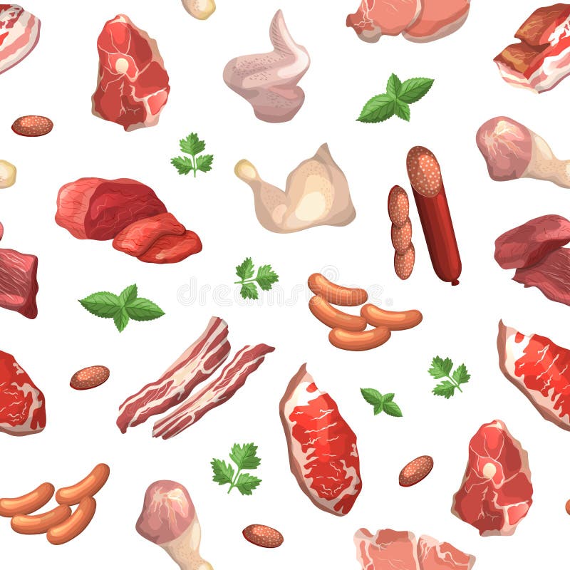 Vector Cartoon Meat Elements Pattern or Background Illustration Stock ...