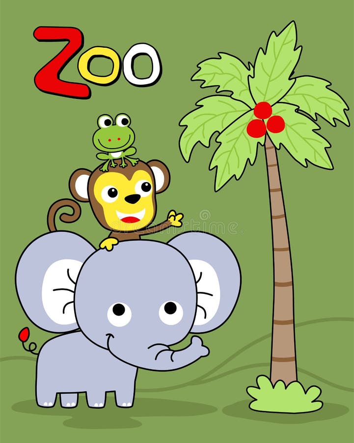 Vector Cartoon of Monkey and Frog Ride on Elephant with a Palm Tree ...