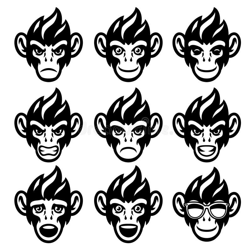 Cartoon Monkey Head Set in Various Face Expression Stock Vector ...