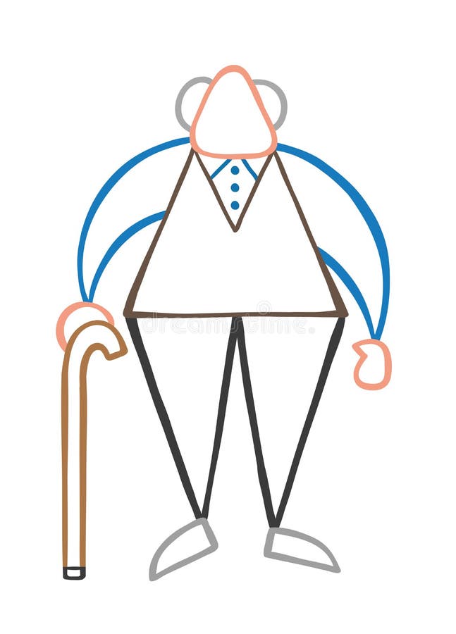 Vector Cartoon Old Man Standing With Wooden Walking Stick Stock Vector